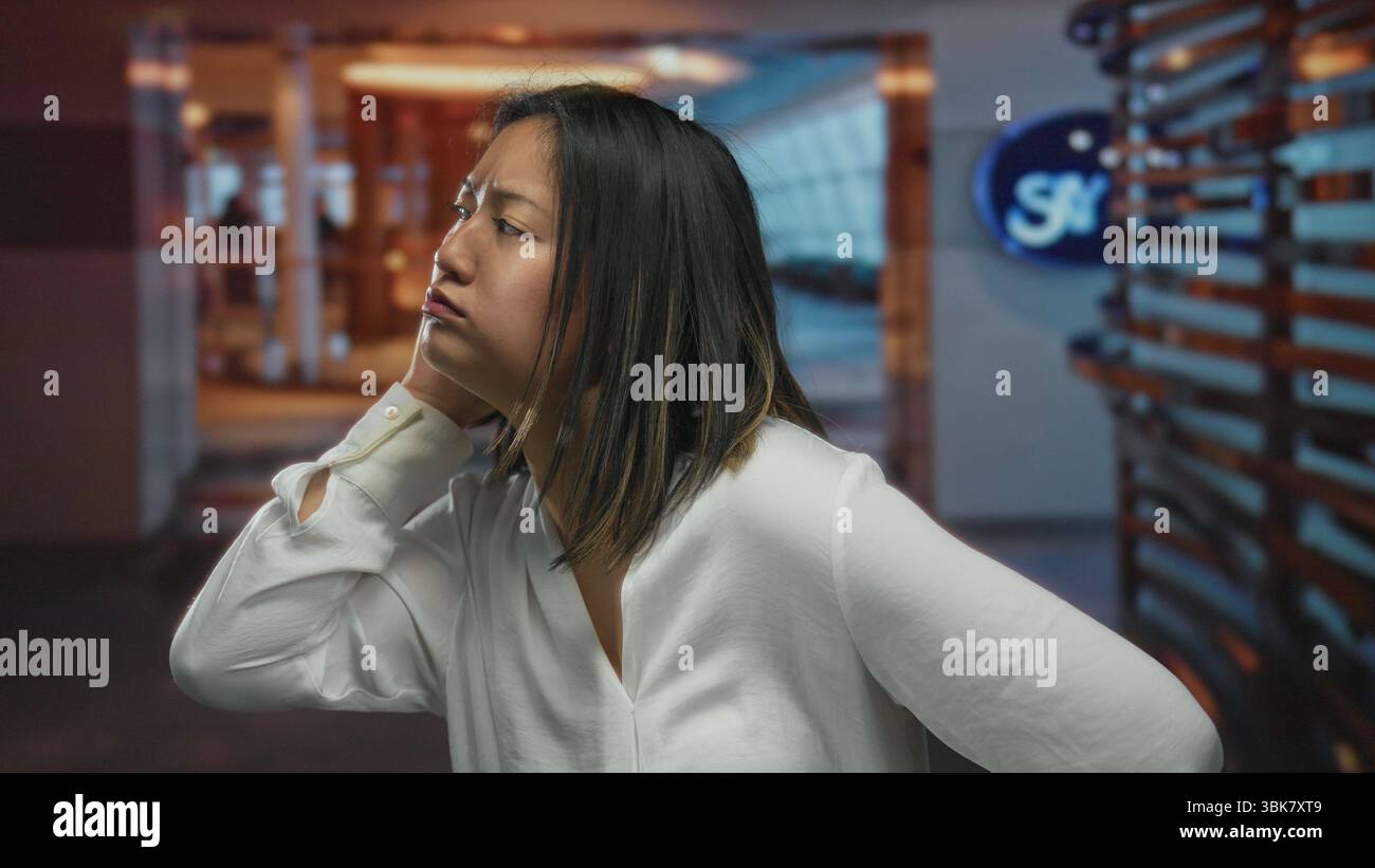 Woman posing indoors hotel mimicking gestures in stylish white shirt ...