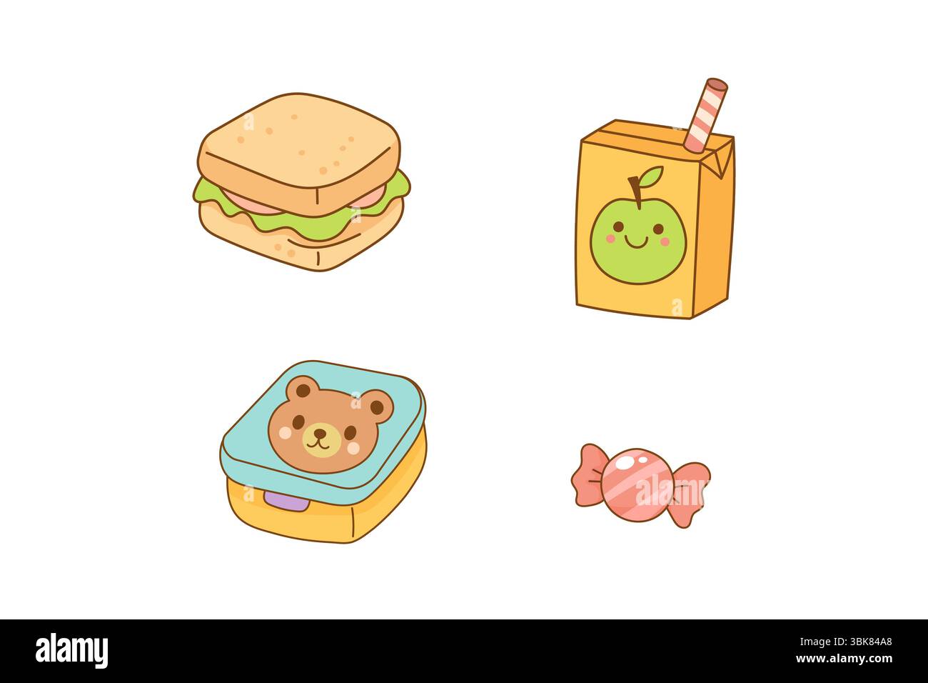 Adorable vector set of school snacks sandwich, juice box, candy and ...