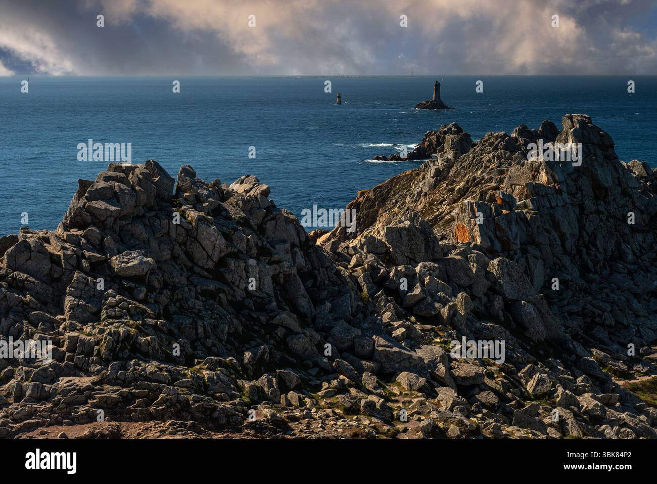 Ships rounding the rugged Point du Raz in Finistère, Brittany, one of ...