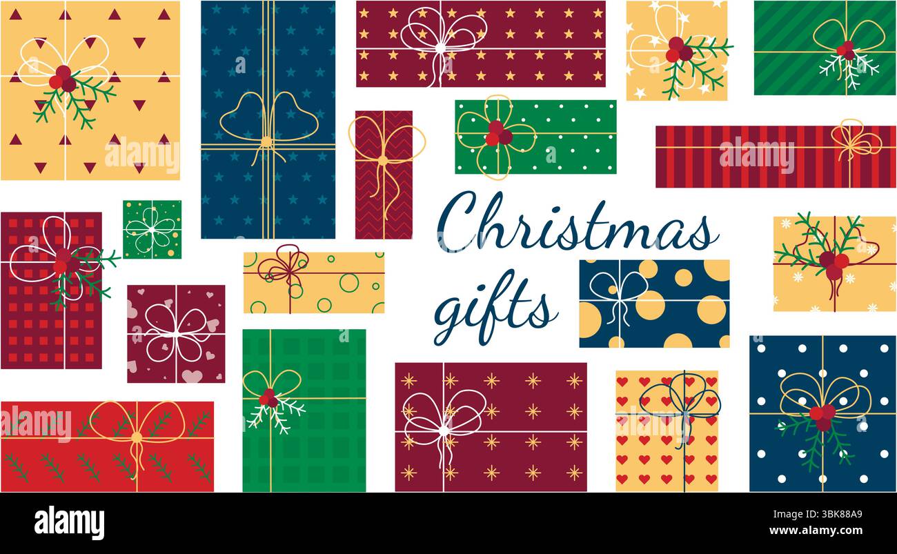 Set of hand drawn Christmas gifts. Boxes of traditional colors with ...