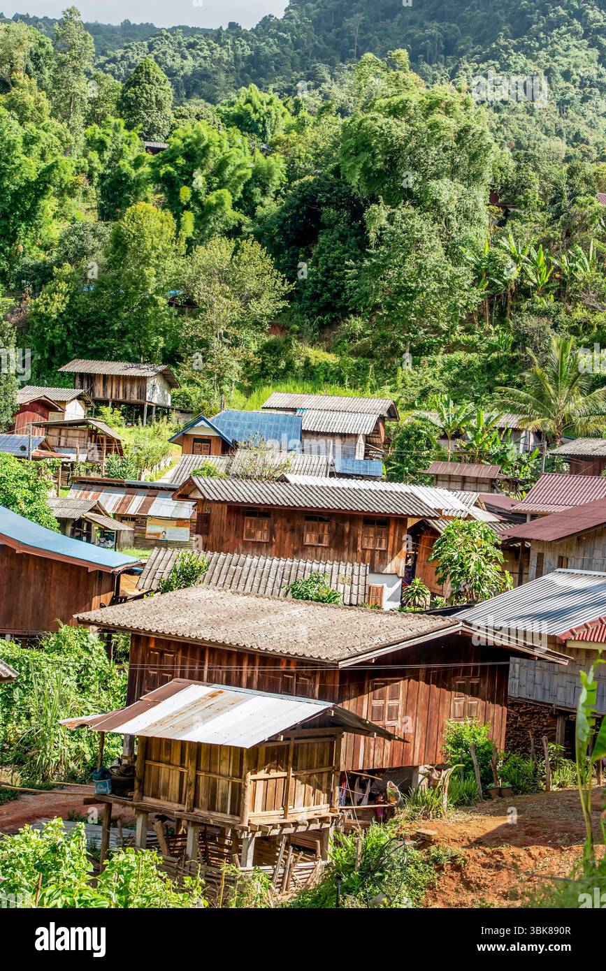 Traditional hill tribe village surrounded by lush rainforest in ...