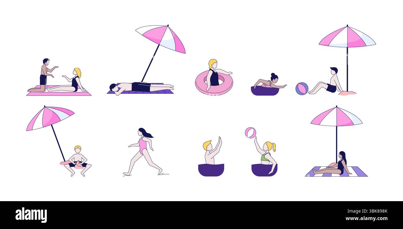 Diverse bathers enjoying beach activities 2D cartoon characters set ...