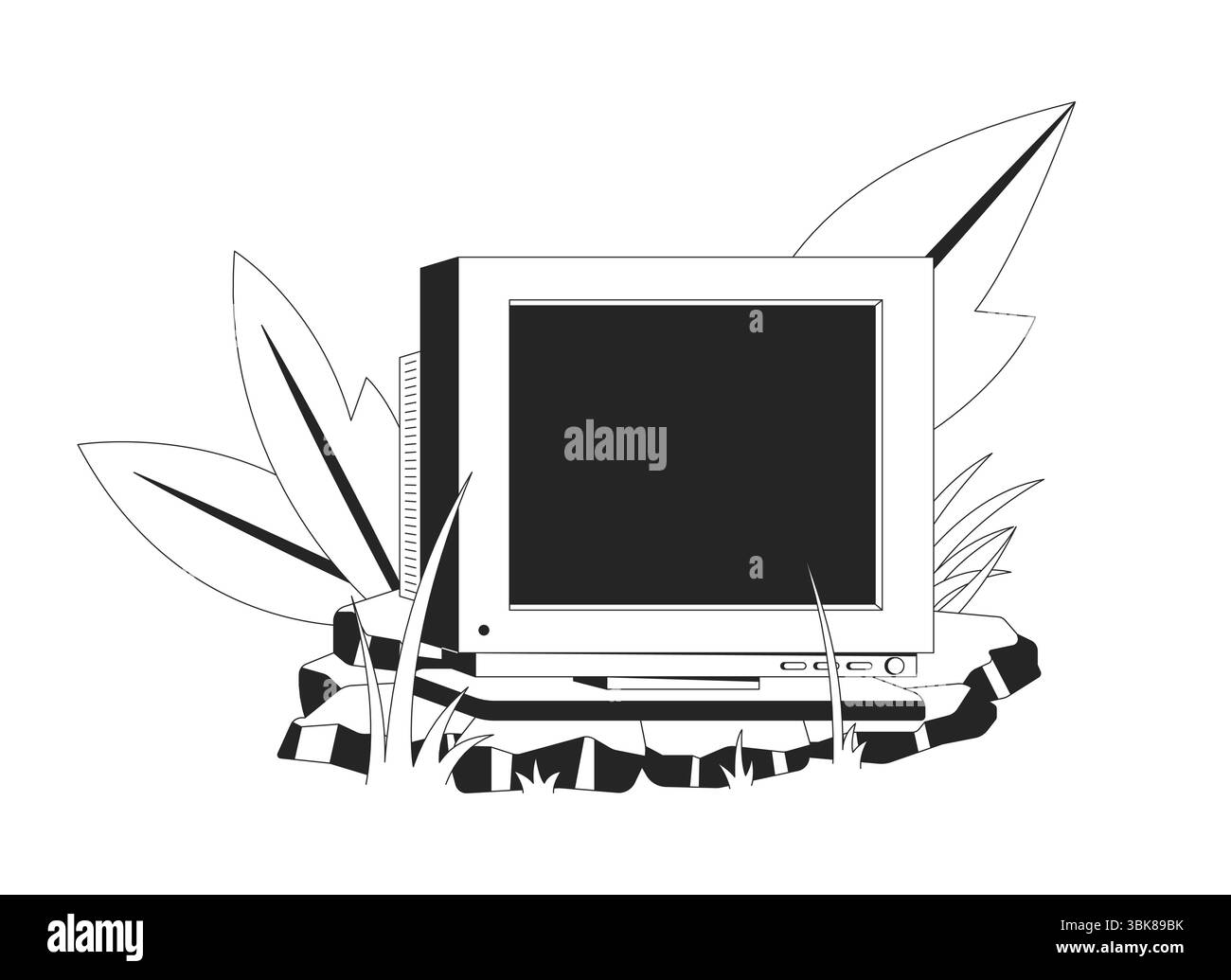 Abandoned CRT monitor in nature 2D line object Stock Vector Image & Art ...
