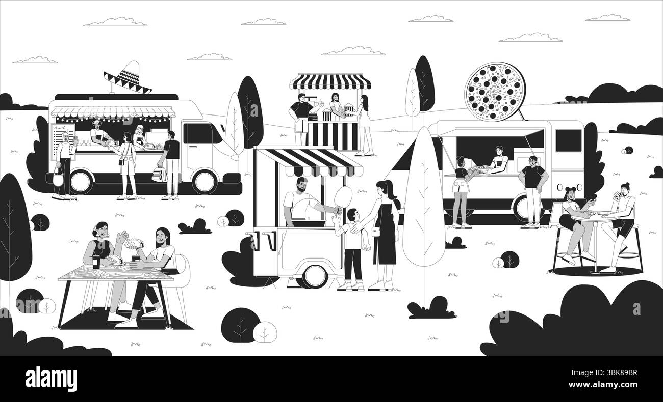 Crowded food truck rally with people eating outdoors line illustration ...