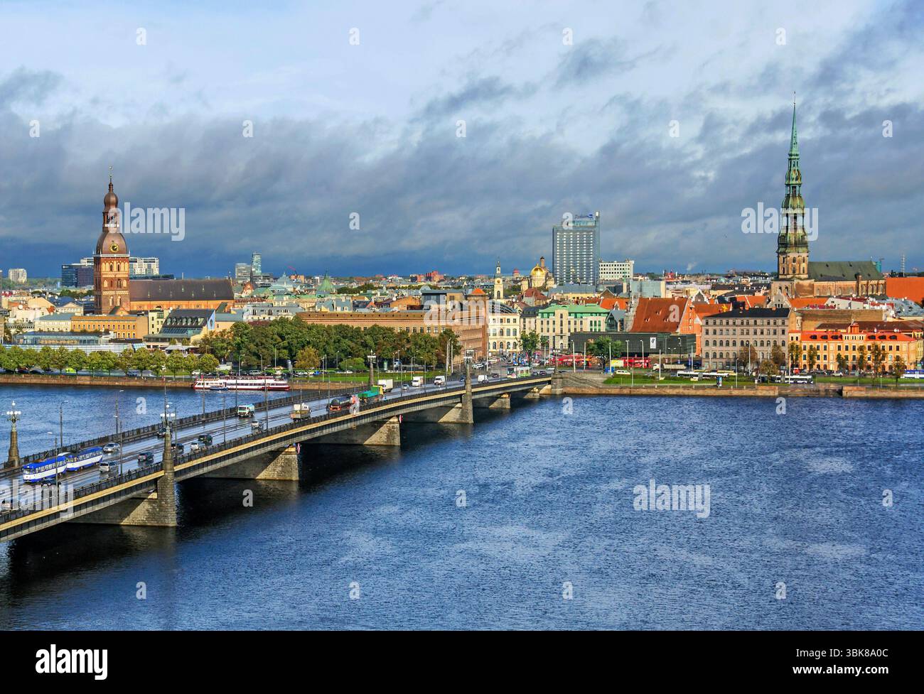 A panoramic aerial view of Riga, the capital of Latvia, showcasing a ...