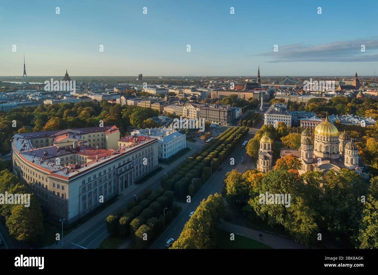 A panoramic aerial view of Riga, the capital of Latvia, showcasing a ...