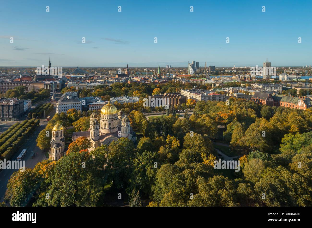 A panoramic aerial view of Riga, the capital of Latvia, showcasing a ...