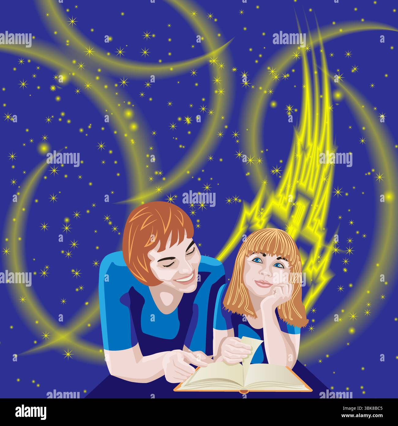 Mother and daughter read together book. Night sky with castle and magic light. International ...