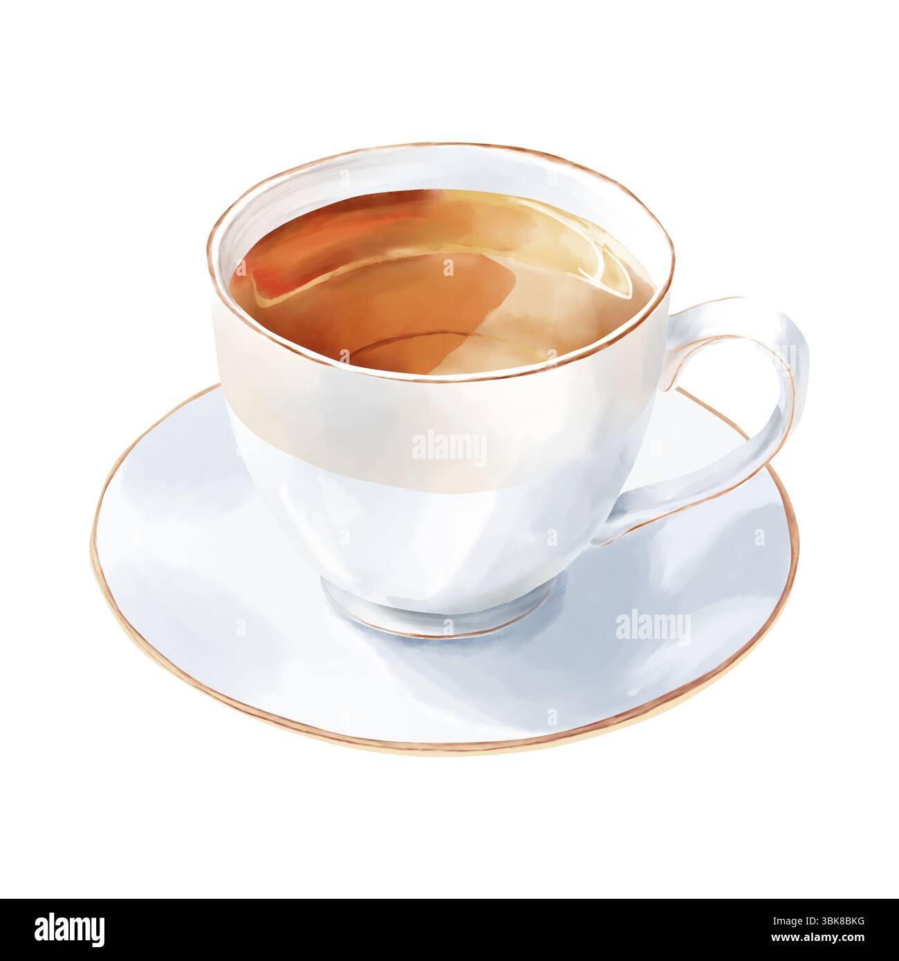 A cup of hot tea. Watercolor illustration. Tea in a white porcelain mug ...