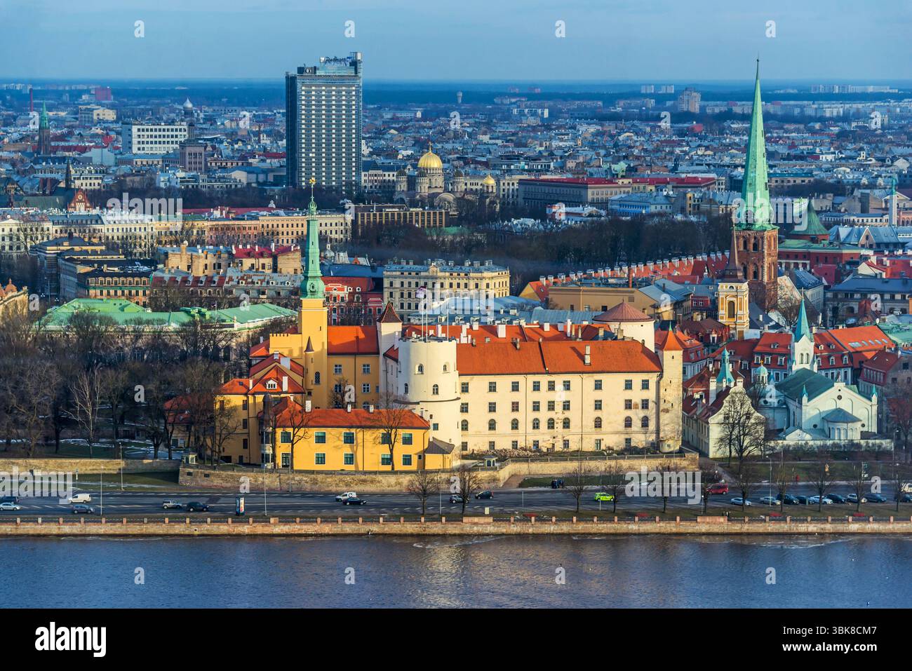 A panoramic aerial view of Riga, the capital of Latvia, showcasing a ...