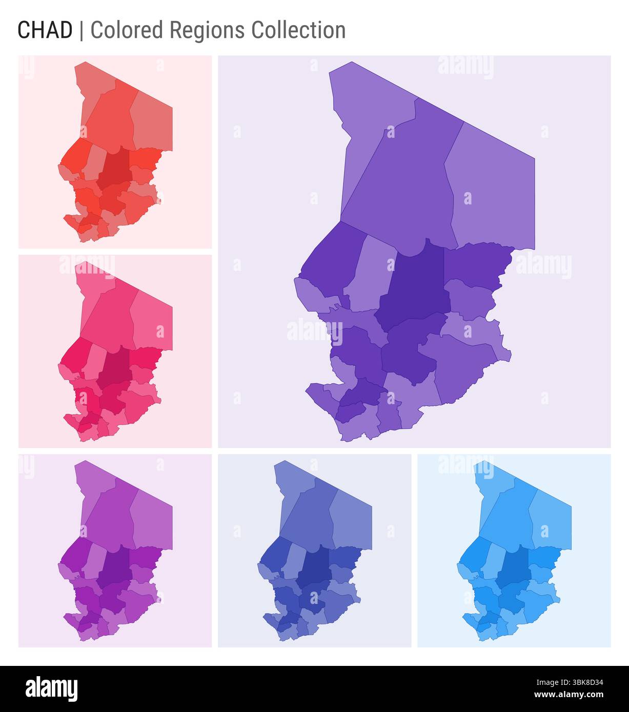 Chad map collection. Country shape with colored regions. Deep Purple ...