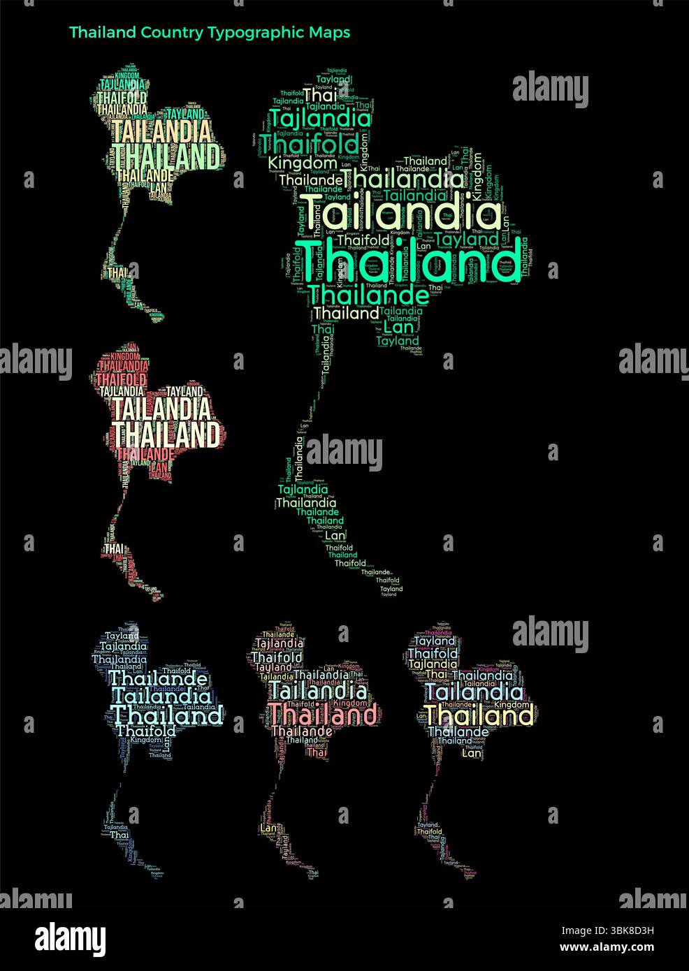 Thailand. Set of typography style country illustrations. Thailand map ...
