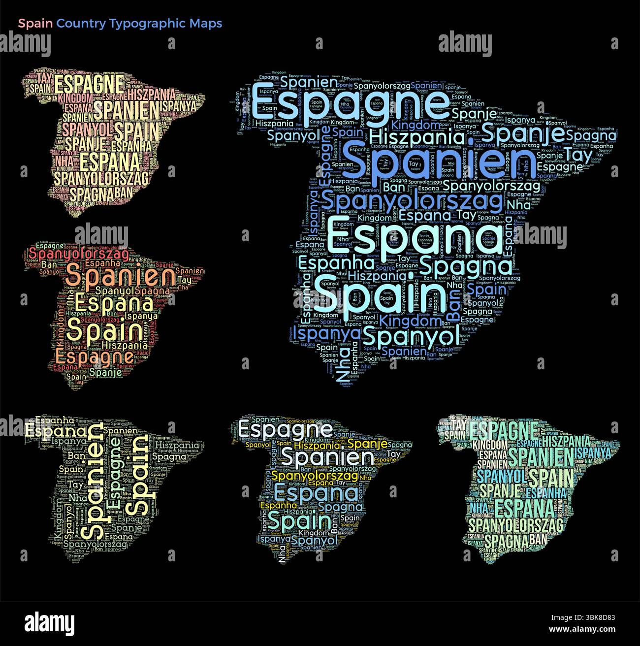 Spain. Set of typography style country illustrations. Spain map shape ...