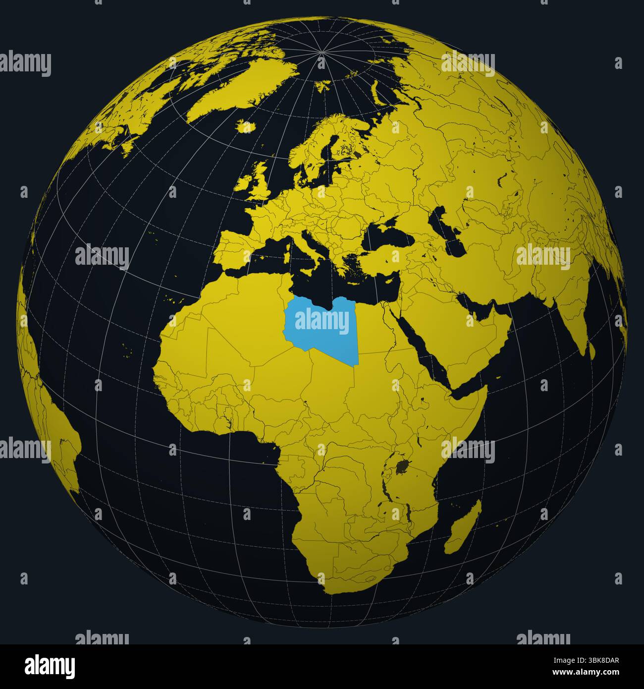 Libya on Globe. Country view on the world map in Charcoal Bright Yellow ...