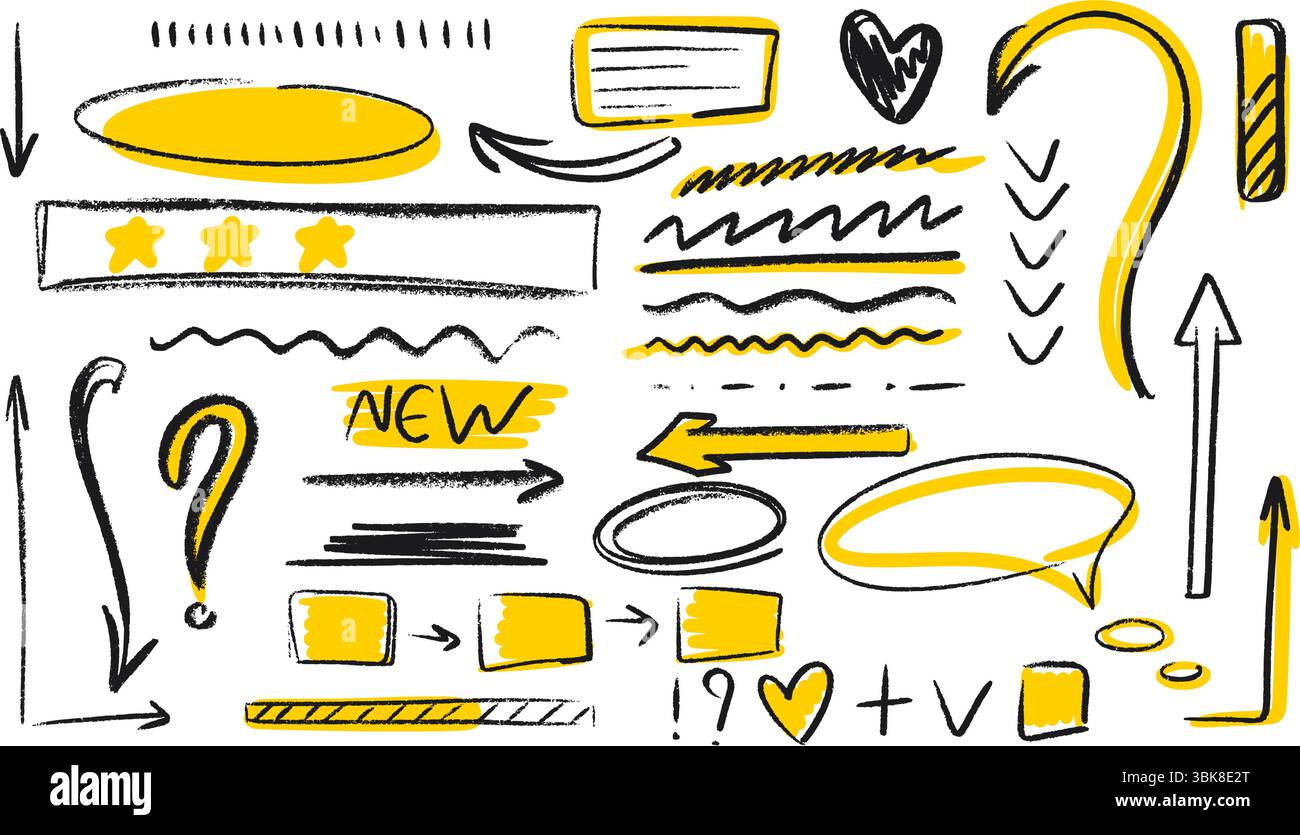 Grunge set of notes, arrows, lines, highlights, signs and symbols. Ink ...