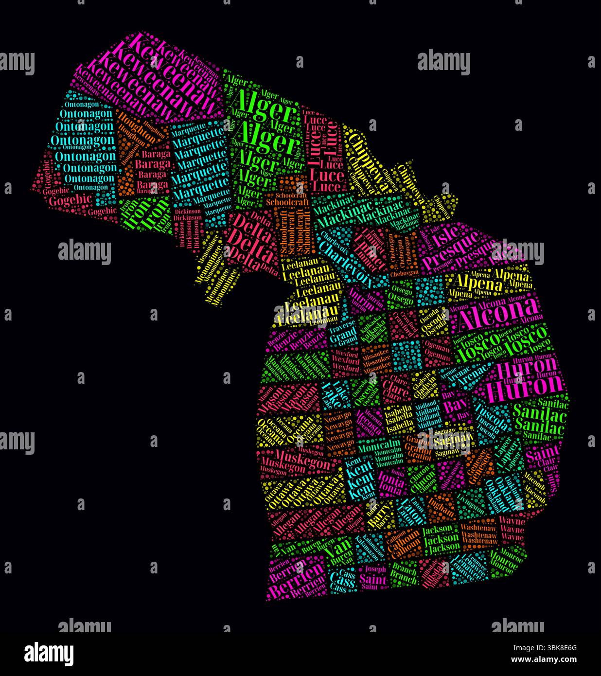 Michigan Word Cloud. Bright neon style design on a dark background ...