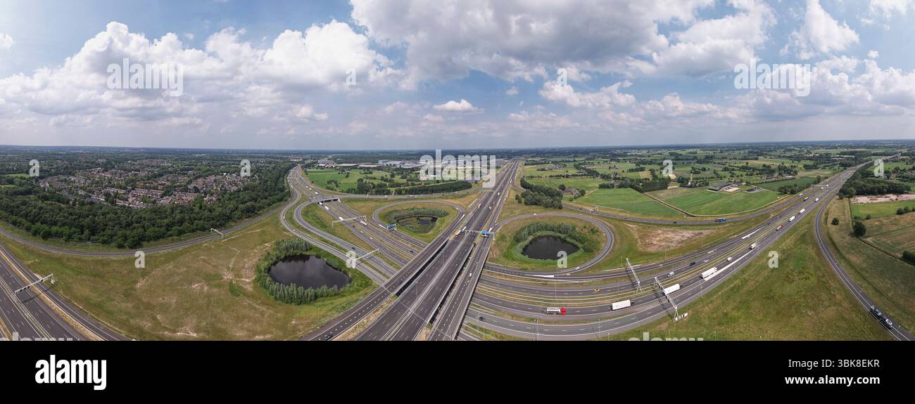 Overview wide 180 degrees panorama of highway Voorst intersection in ...