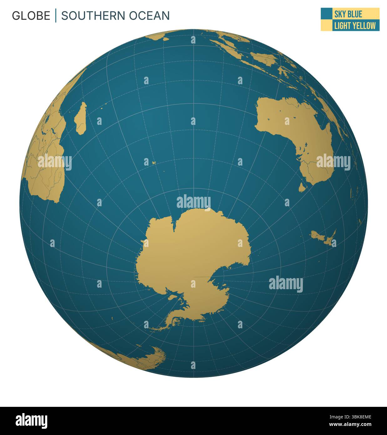 Vector globe centered on the Southern Ocean. Sky blue and light yellow ...