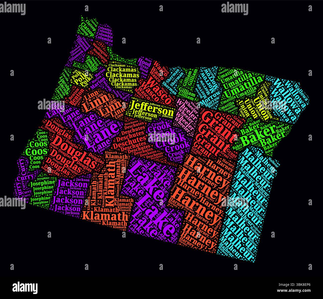 Oregon Word Cloud. Bright neon style design on dark background. Region ...