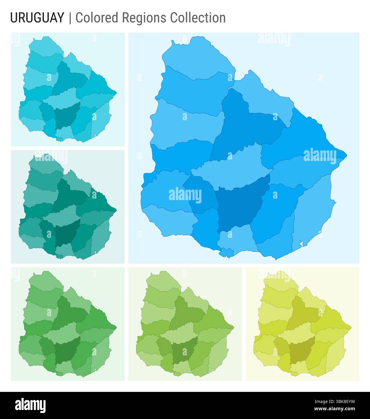 Uruguay map collection. Country shape with colored regions. Light blue ...