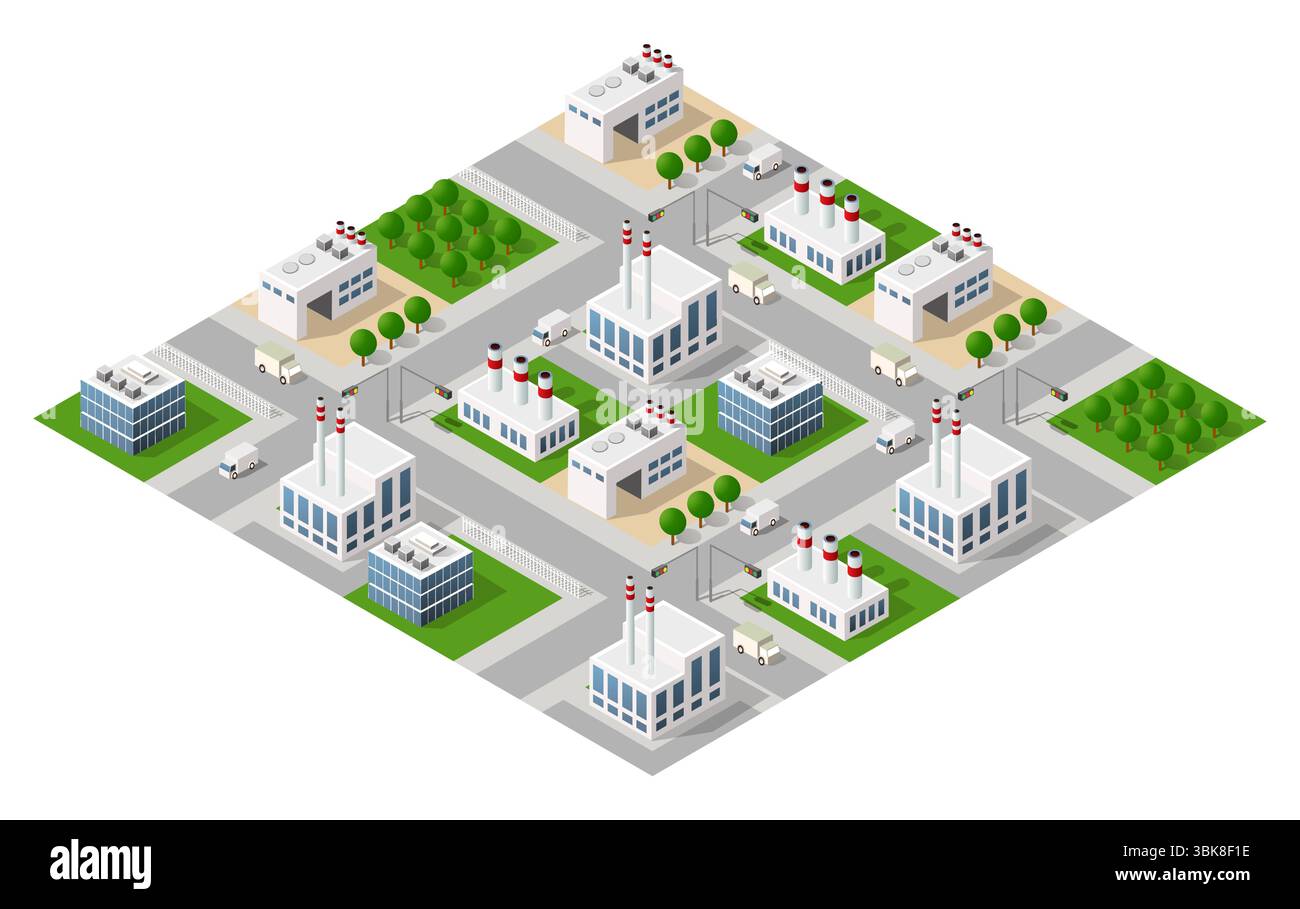 Isometric view of an industrial zone with factories, office buildings ...