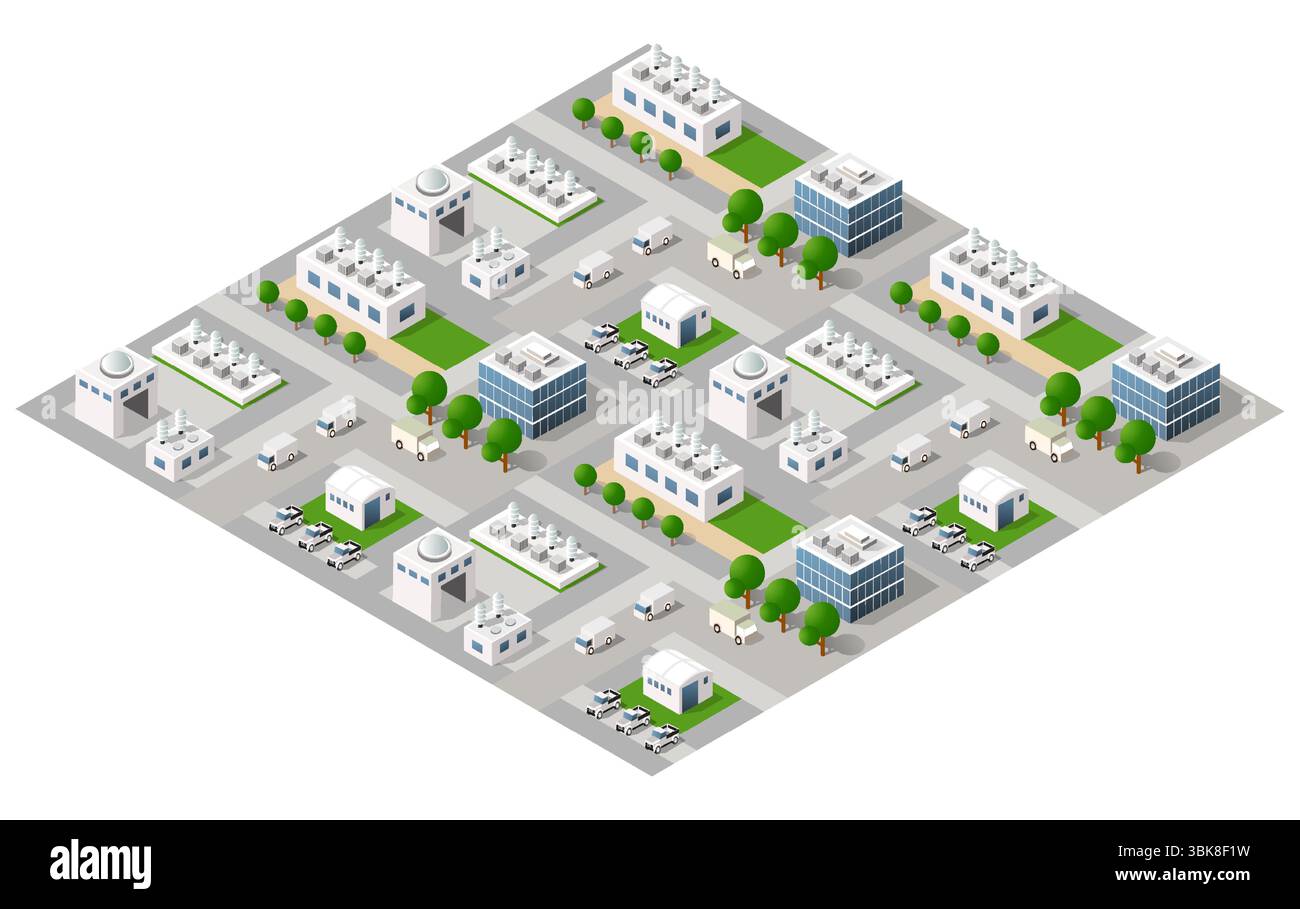 Isometric view of an industrial zone with factories, office buildings ...