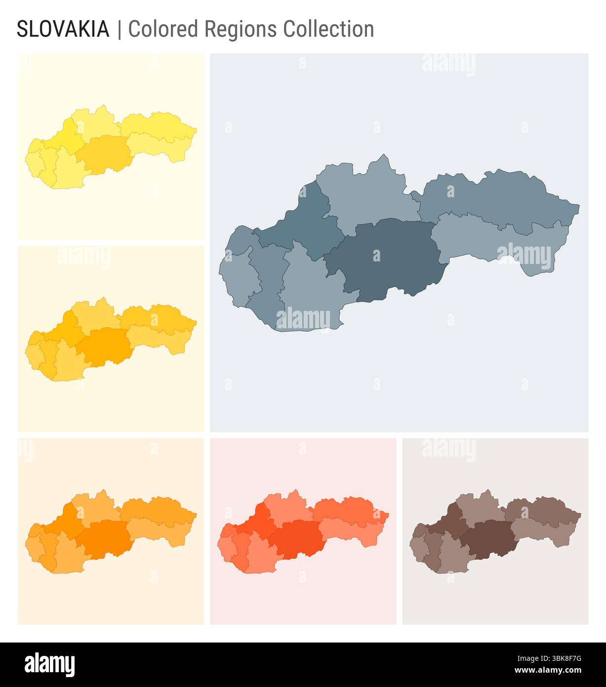 Slovakia map collection. Country shape with colored regions. Blue Grey ...