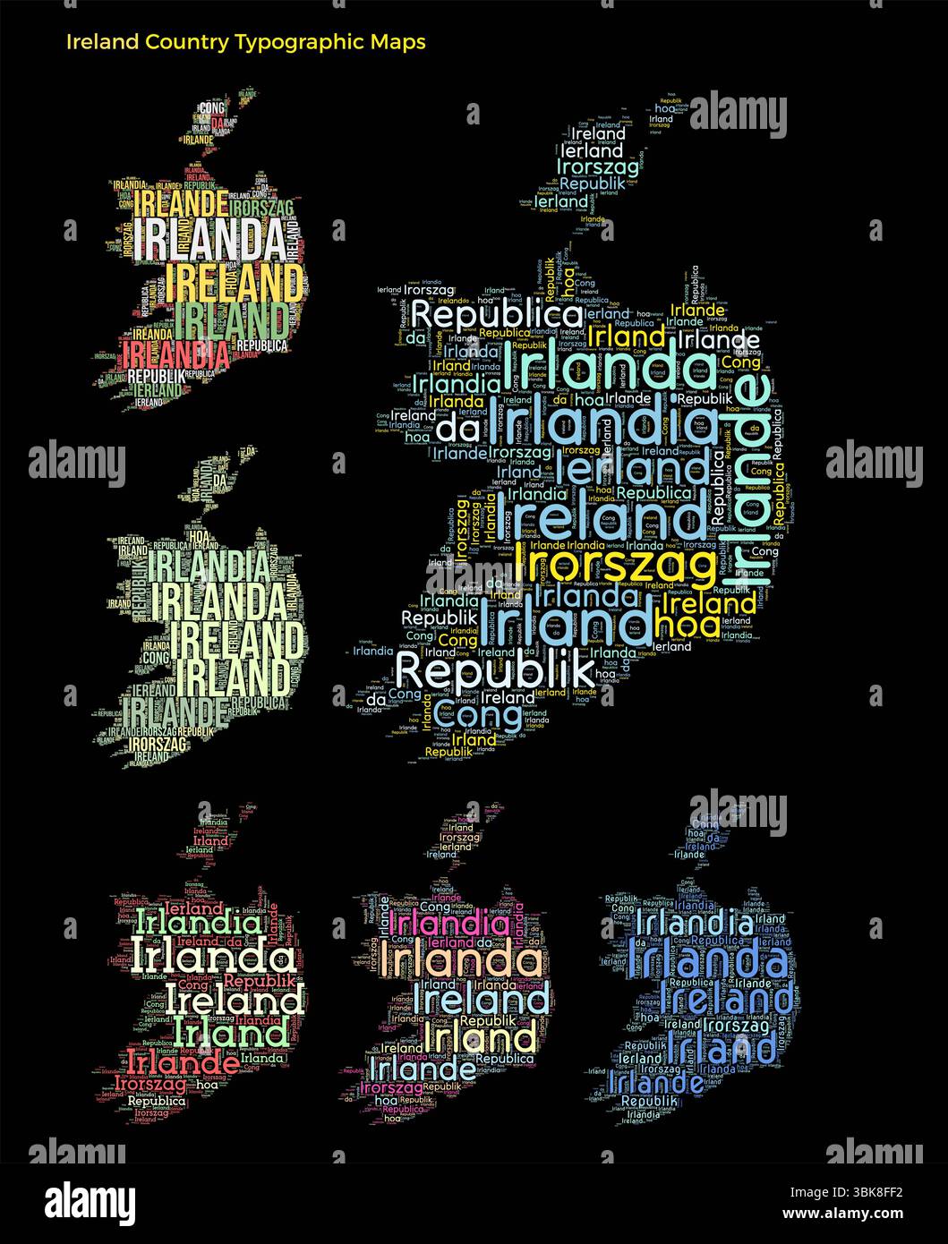 Ireland. Set of typography style country illustrations. Ireland map ...
