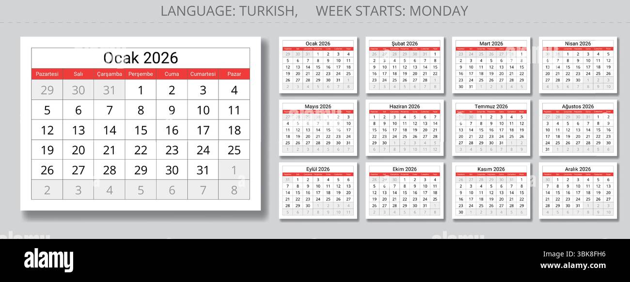 2026 year turkish calendar. Collection of paper pages of 12 months ...