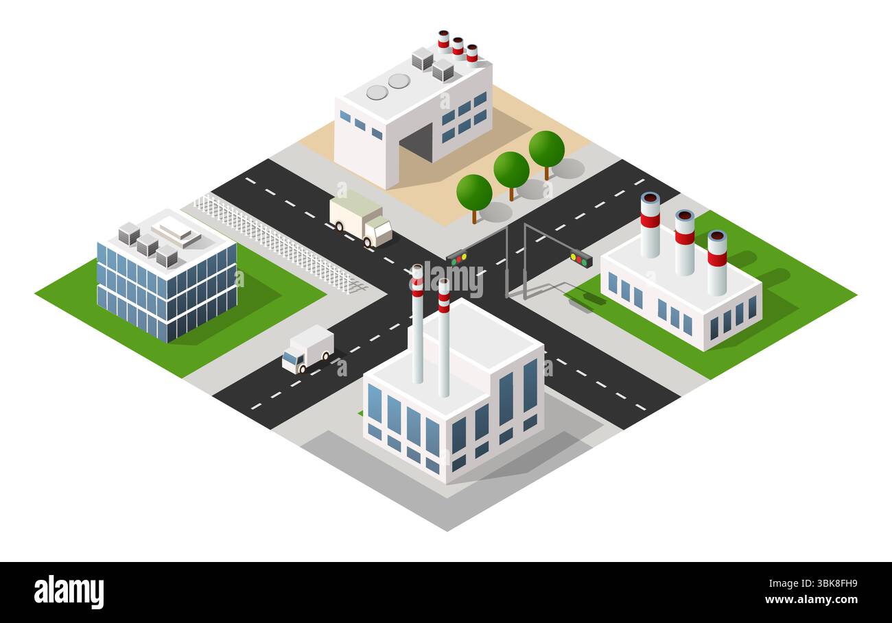 Isometric view of an industrial zone with factories, office buildings ...