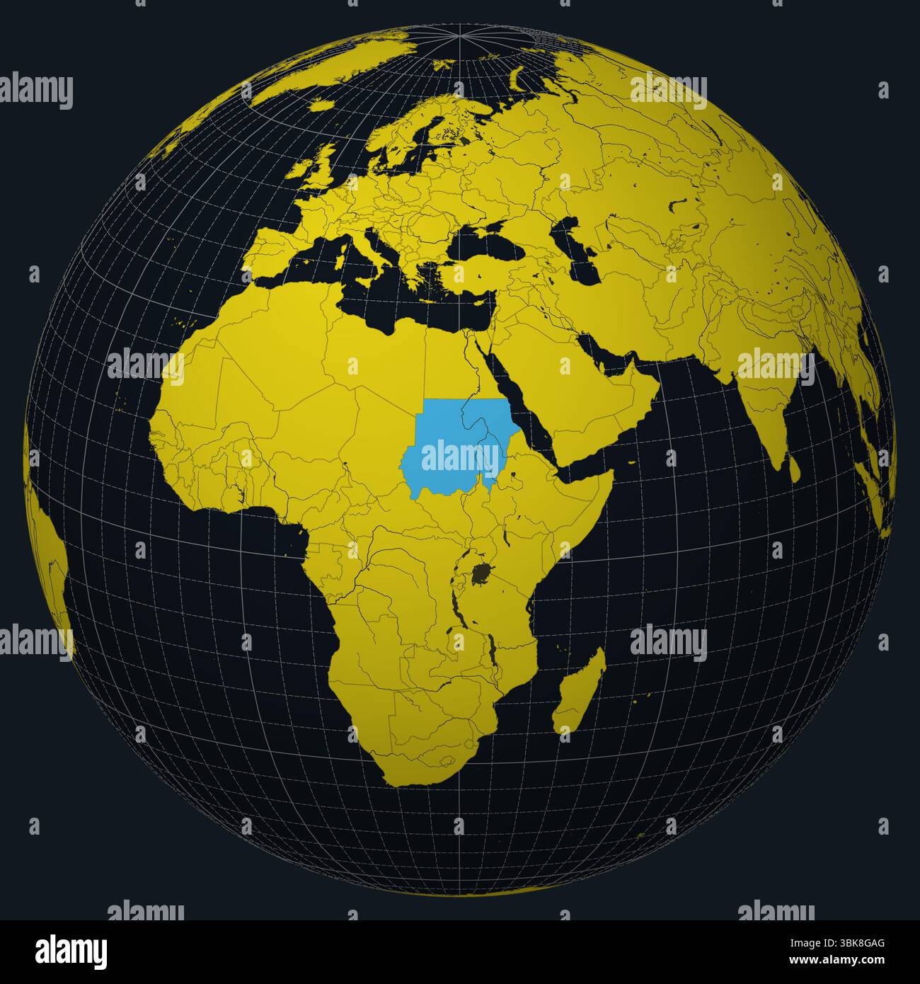 Sudan on Globe. Country view on the world map in Charcoal Bright Yellow ...