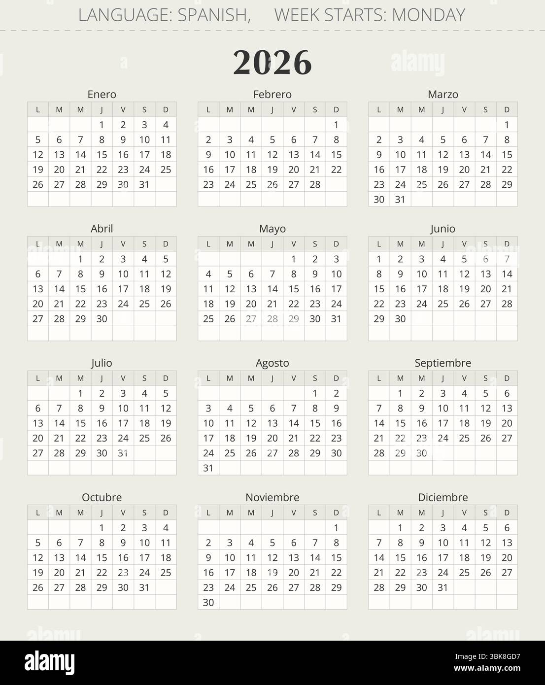 2026 vertical spanish calendars. Calendario. Vector illustration for ...