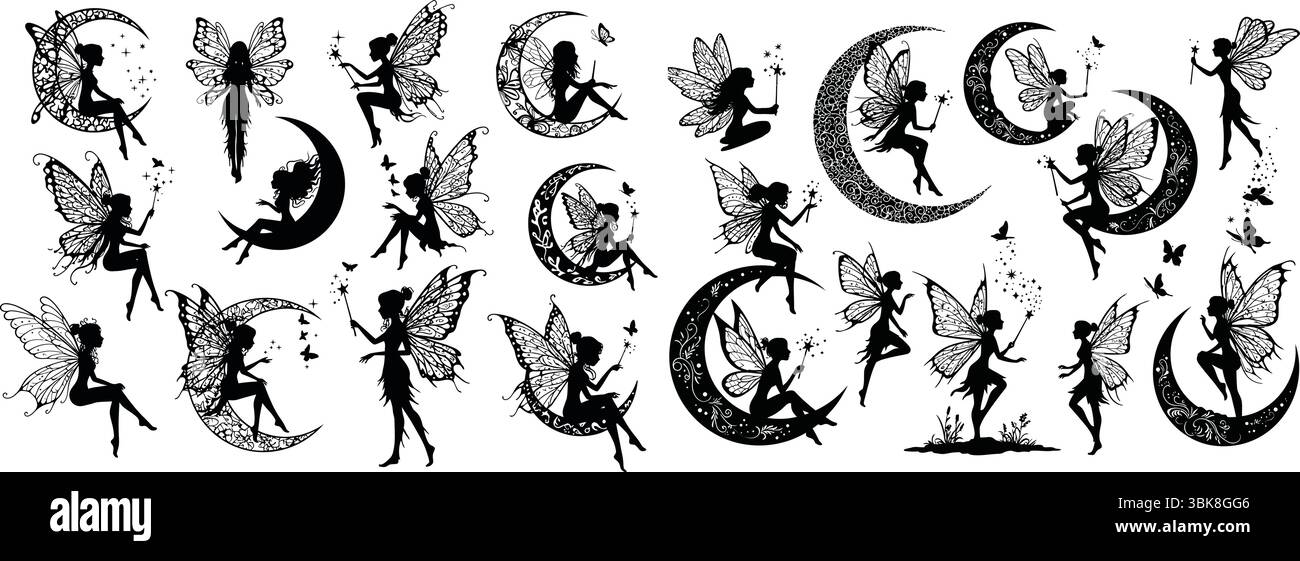 Silhouette Fairy Clipart Set with Moons, Wings, and Magical Elements ...