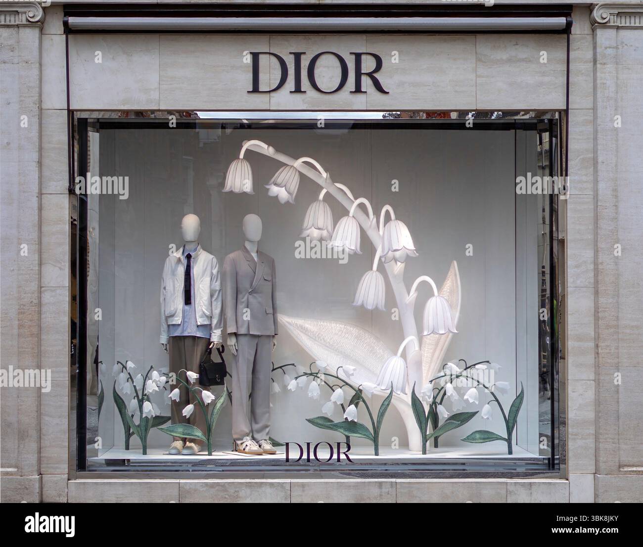 Dior window display with men's clothing and lit white flowers ...