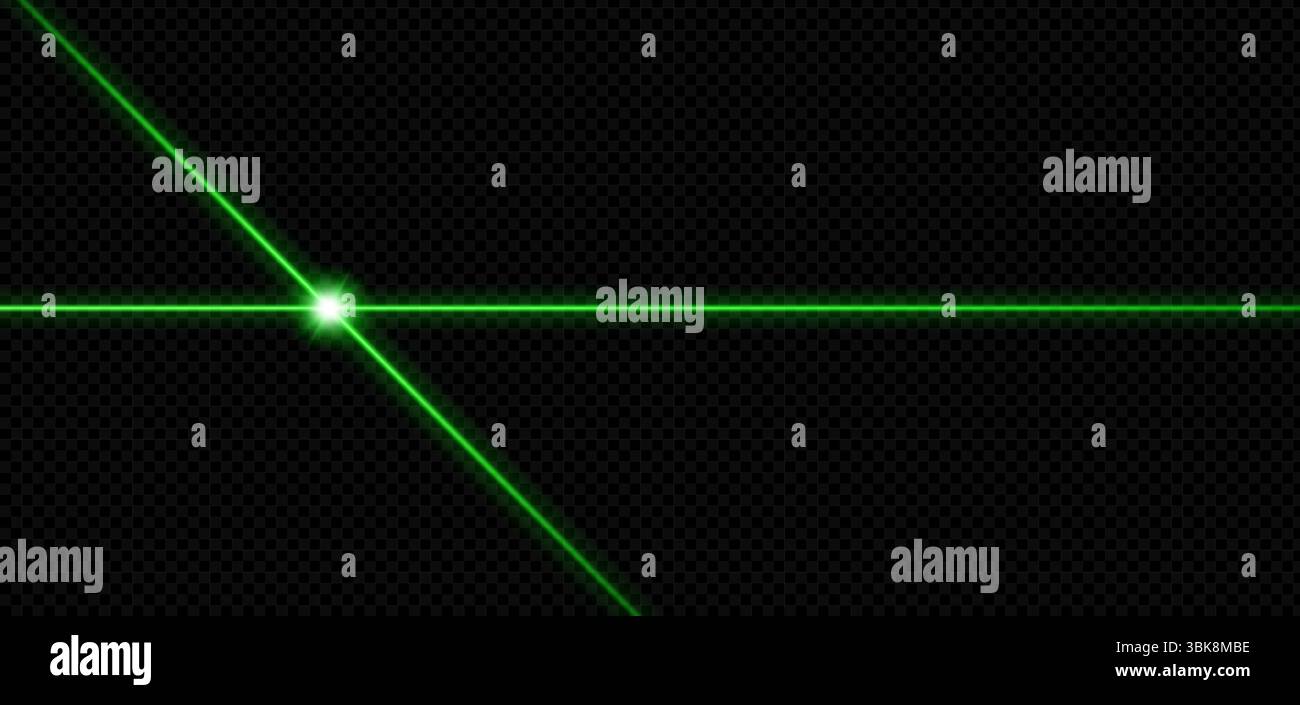 Green laser beams intersect on dark background with neon glow and ...