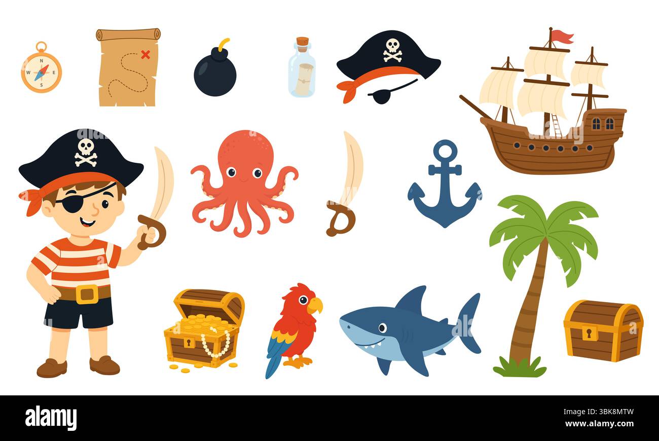 Happy boy pirate with sword, gold chests, sea creatures, treasure map ...