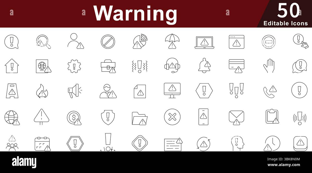 Warning Alert Icon Set - 50 Editable Safety Caution Icons for Emergency ...