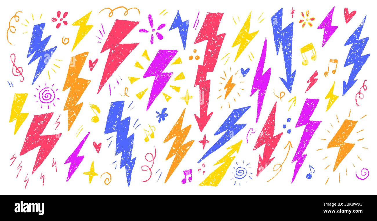 Crayon hand drawn lightning bolts in lively colors, accompanied by ...