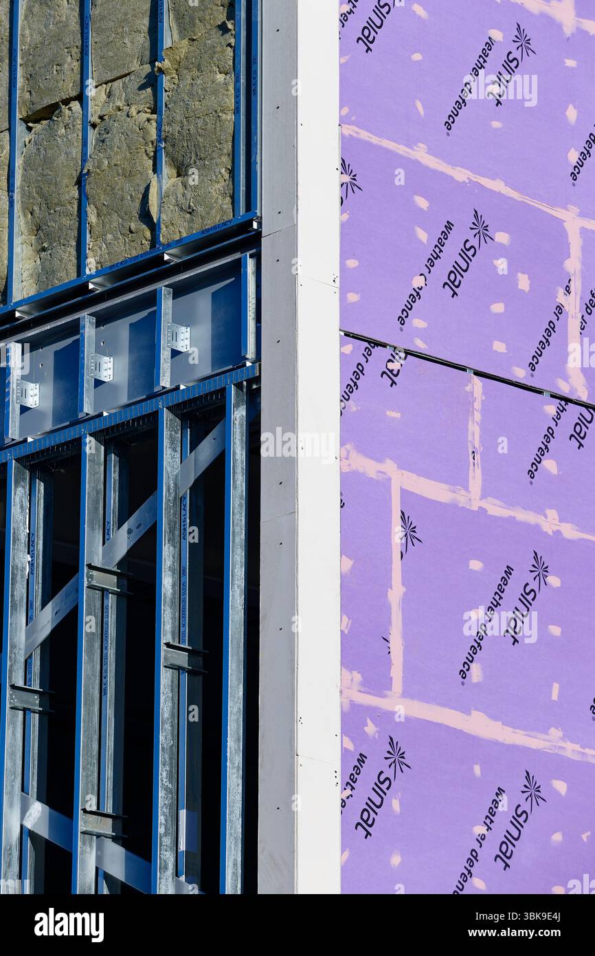 Weather defence backing boards installed on steel skeleton frame ...