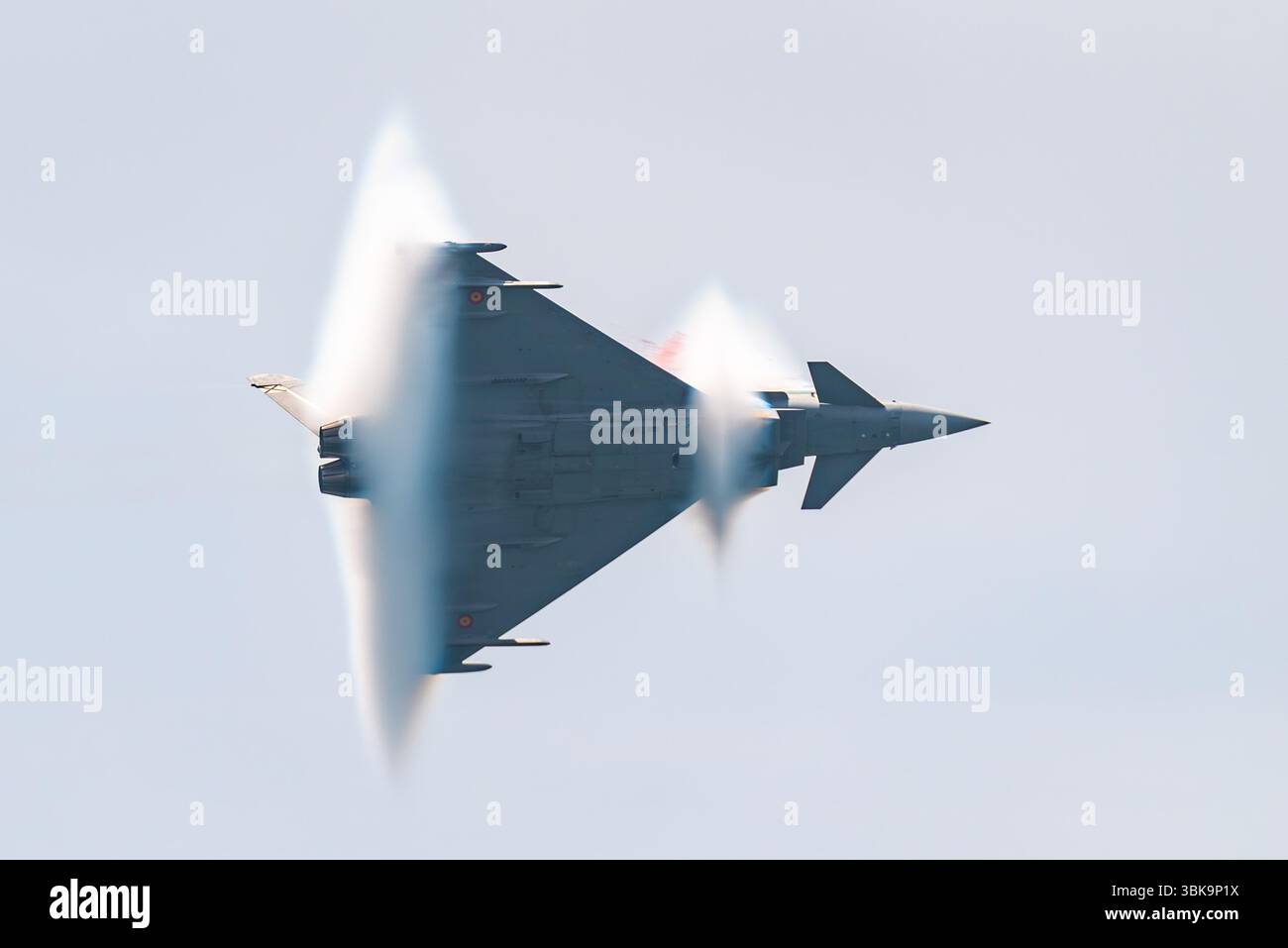 Spanish Air Force Eurofighter Typhoon fighter jet plane flying fast at ...