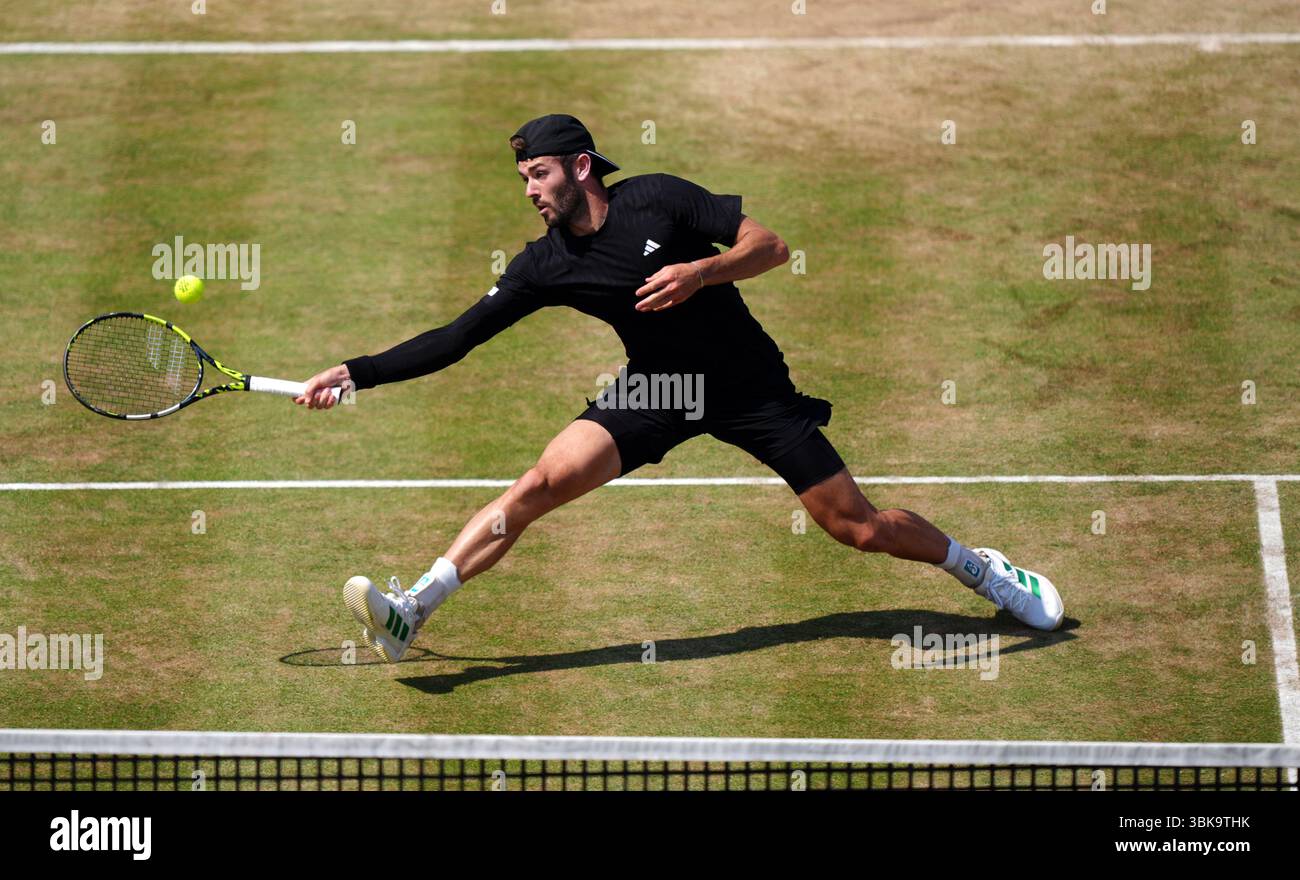 Jacob Fearnley in action against Corentin Moutet on day eleven of the ...