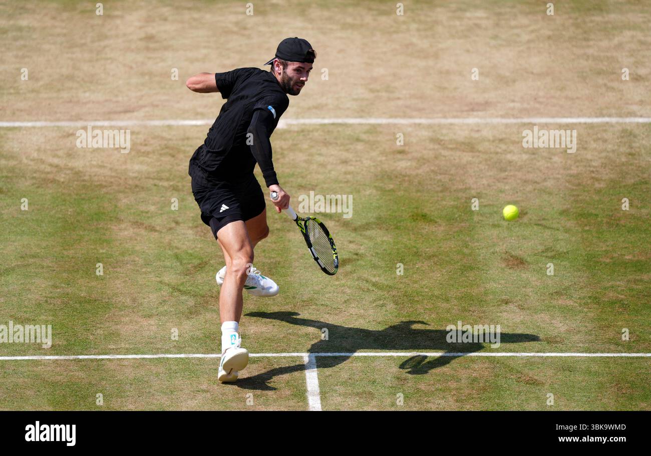 Jacob Fearnley in action against Corentin Moutet on day eleven of the ...