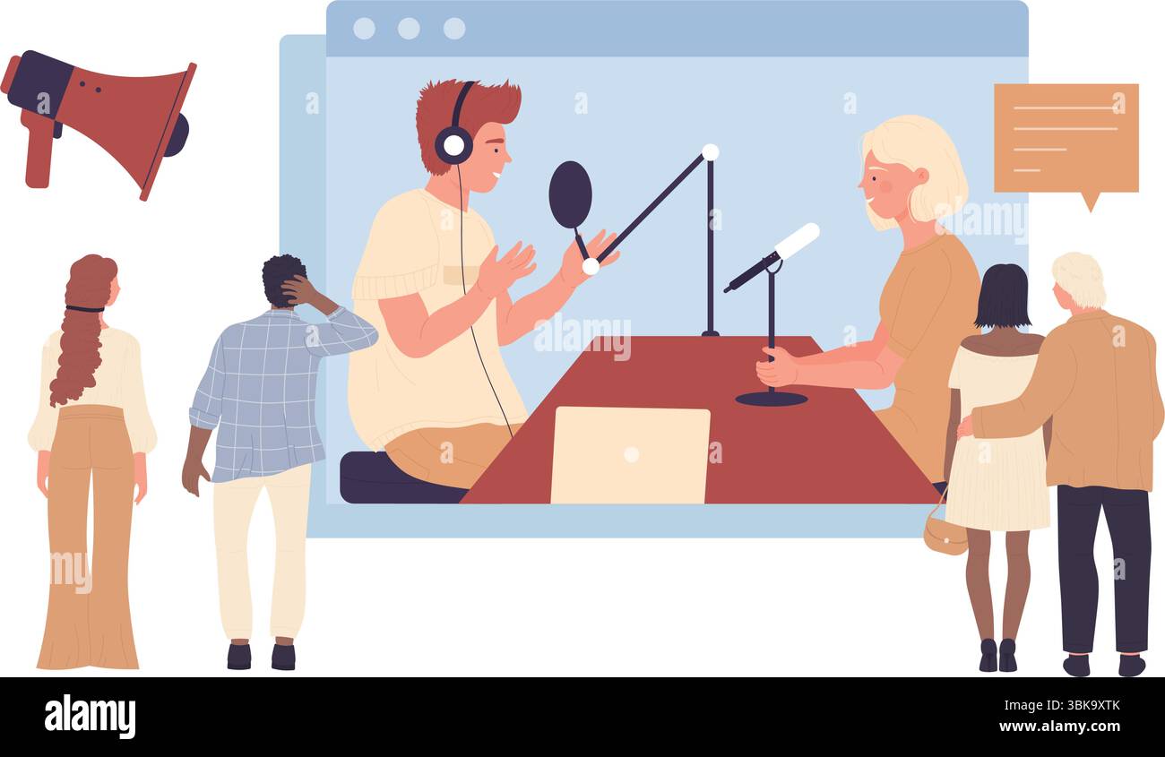 Tv studio video broadcast interview vector illustration. Cartoon ...