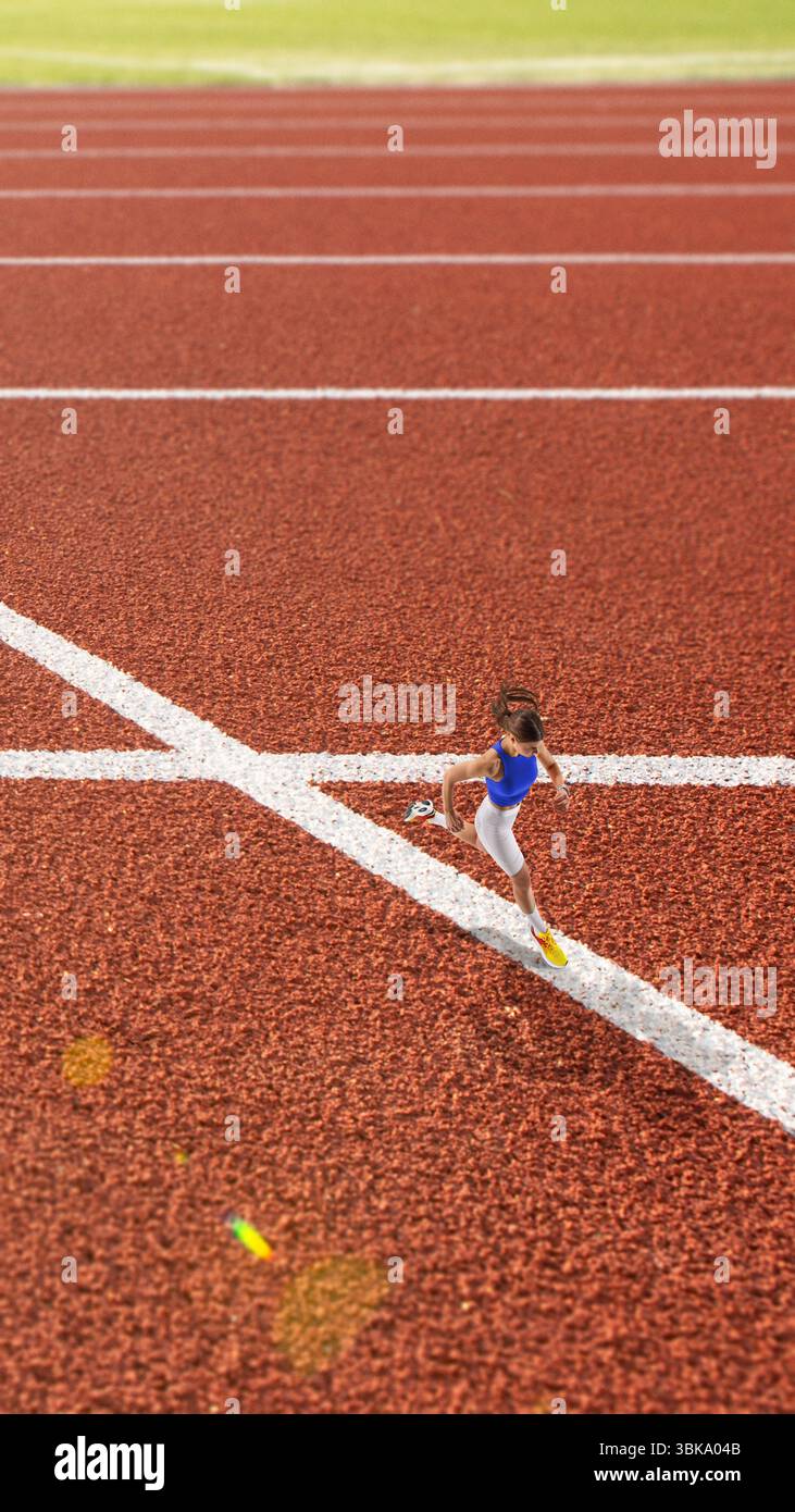 Colorful vertical poster of female sprinter on outdoor track finish ...