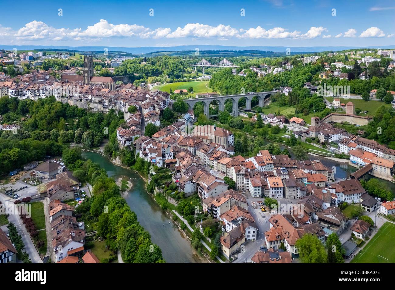 Aerial view of the ancient medieval town of Fribourg. Fribourg, Canton ...