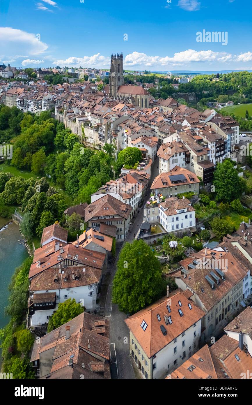 Aerial view of the ancient medieval town of Fribourg. Fribourg, Canton ...