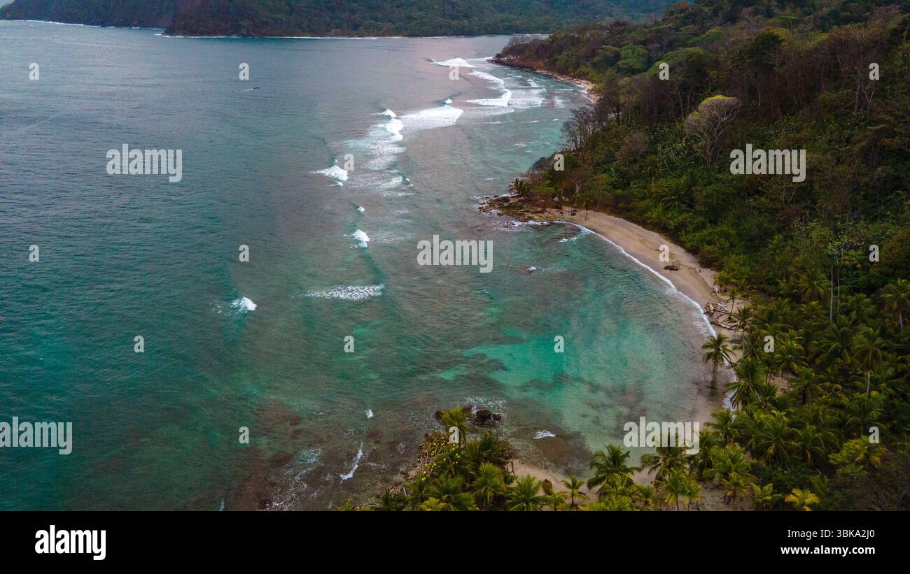 Aerial view of the pristine coastline in Sapzurro, Choco, Colombia ...