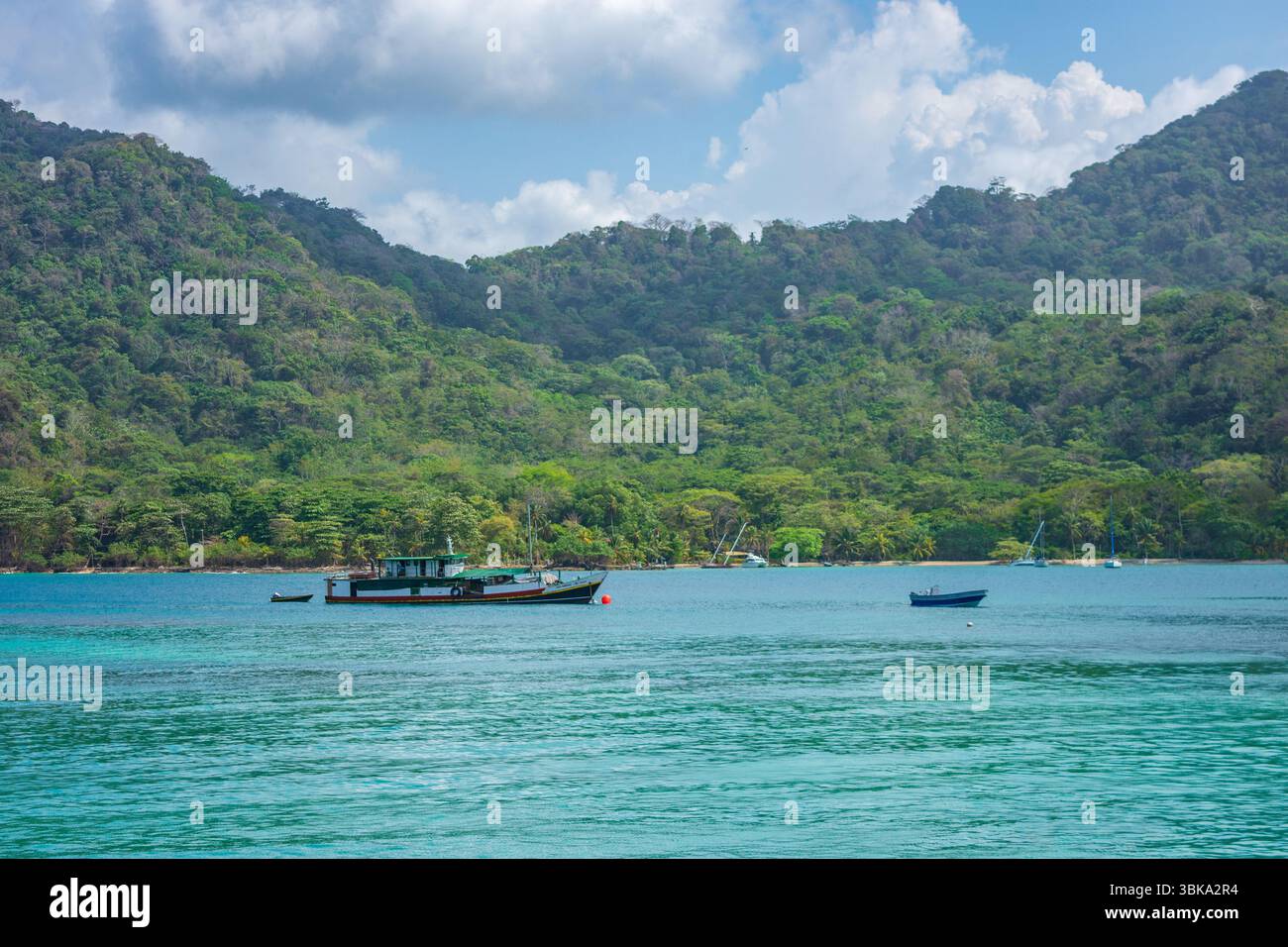 Scenic view of the calm waters and lush mountains in Sapzurro, Choco ...