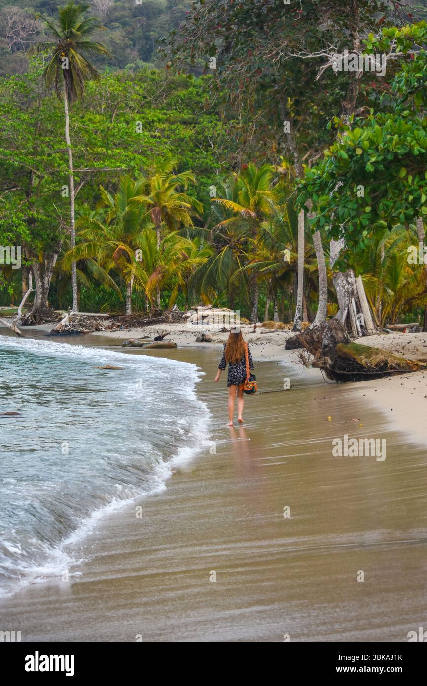 A woman strolls along a tranquil beach in Sapzurro, Choco, Colombia ...