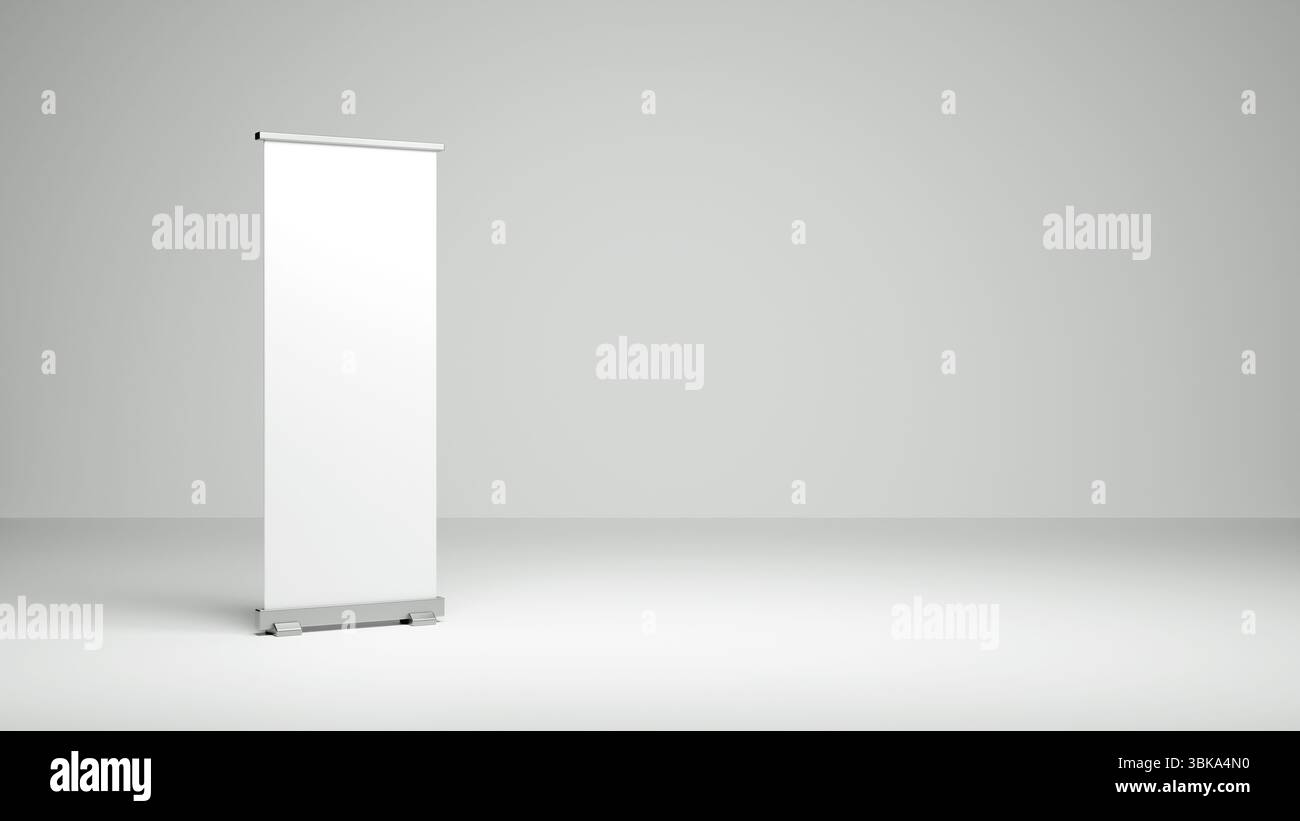 Blank vertical roll-up banner stand mockup on white background. Pull-up ...